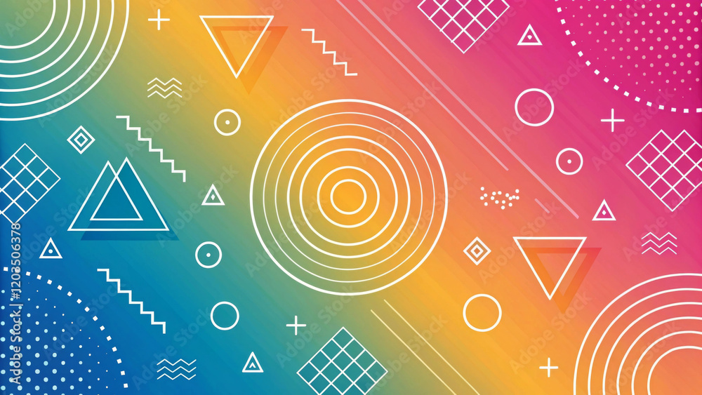 Geometric shapes,including triangles, circles, and diamonds, against a ...