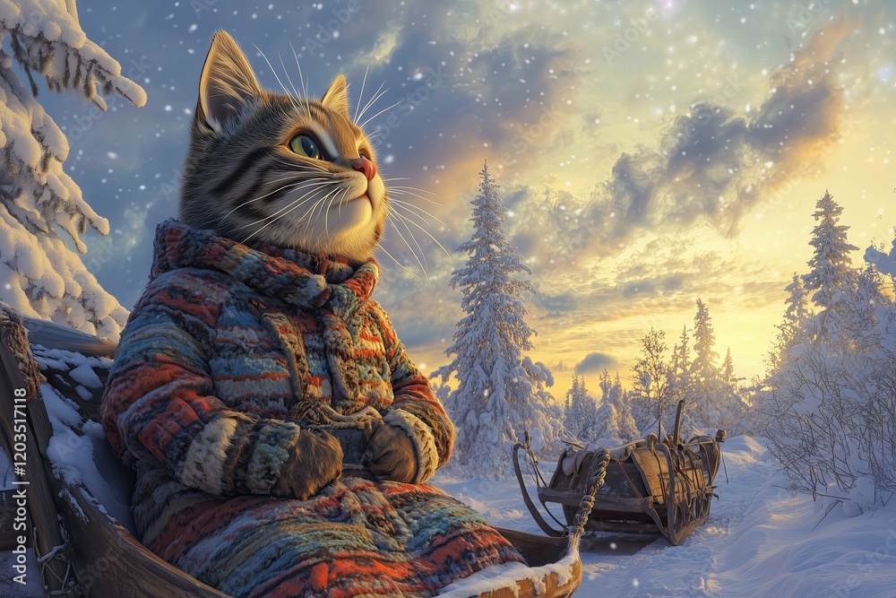 Finland Lapland Finnish cat wearing a colorful Sami outfit, standing ...