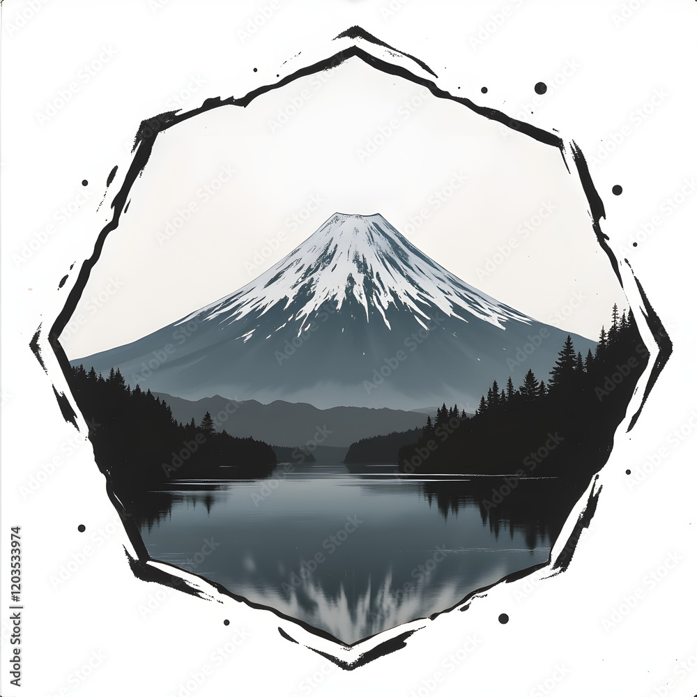 Artistic Depiction of Snow-Capped Mount Fuji Framed by Hexagon Shape ...