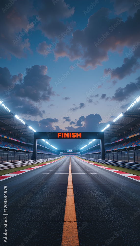 Illuminated asphalt racing track finish line at night with motion blur ...