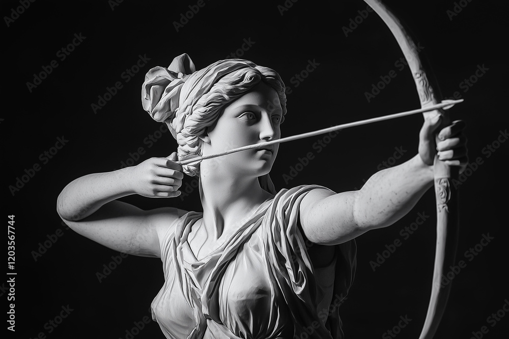 Monumental marble statue of Artemis, goddess of the hunt, as she prepares to shoot an arrow ...