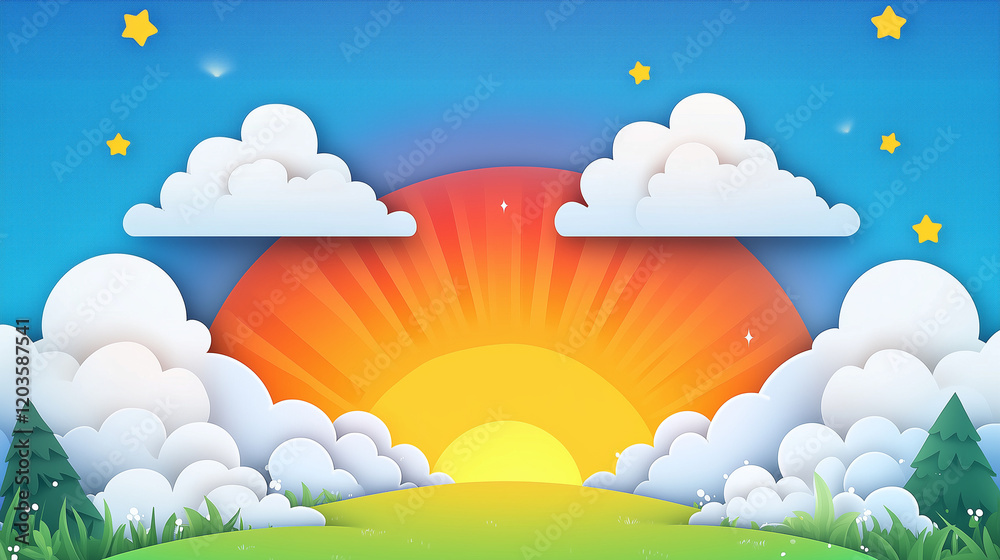 Cartoon Sunrise with Clouds and Stars Stock Illustration | Adobe Stock