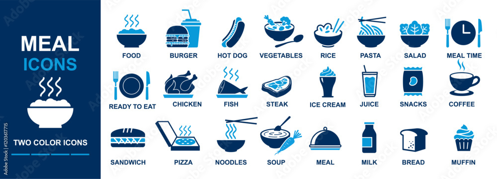 Vector de Stock Meal icons collection including vegetables, steak, fish ...