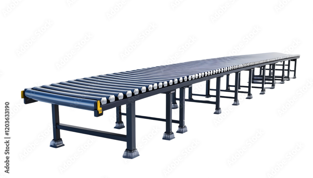 Modern Industrial Roller Conveyor Belt System Design 3D Render blue ...