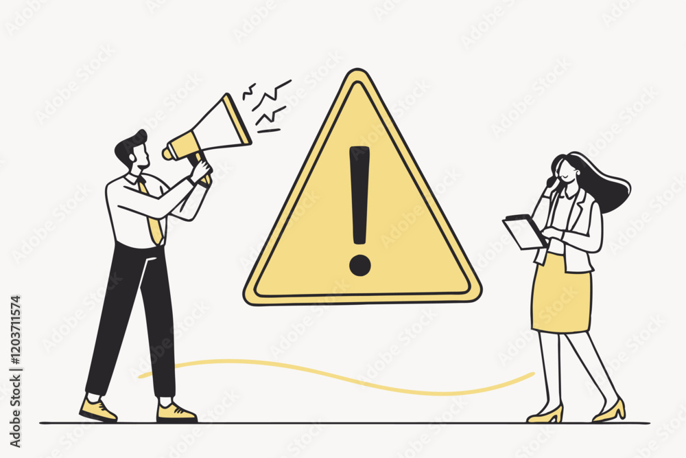 Minimalist illustration, warning sign, large yellow triangle with ...