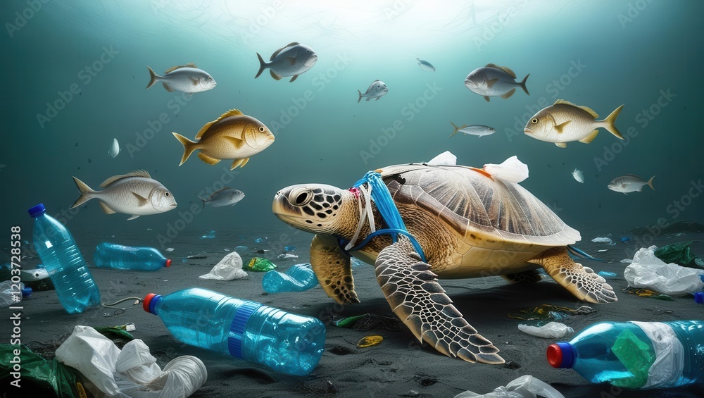 Dying sea turtle struggling in ocean plastic pollution underwater scene ...