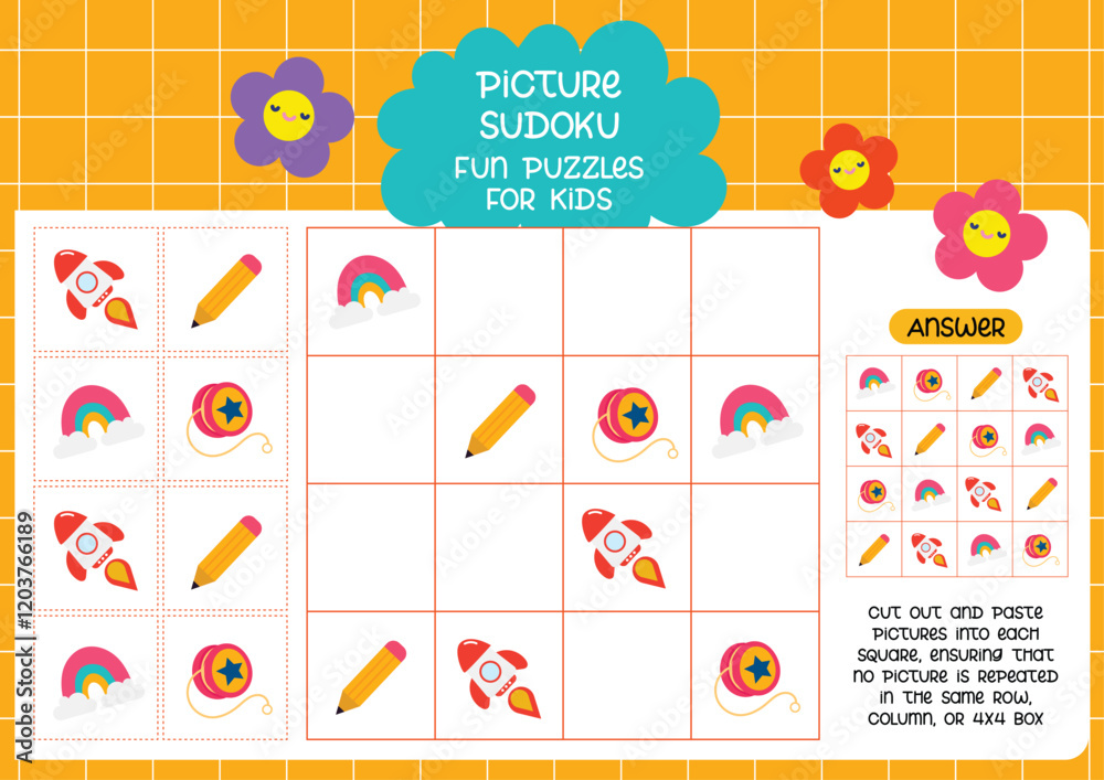 Flat Design Vector Cute Cut and Paste Sudoku Education Worksheet. Fun ...