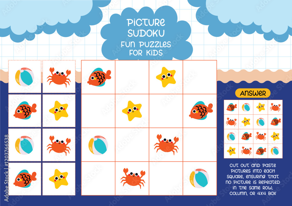 Flat Design Vector Cute Cut and Paste Sudoku Education Worksheet. Fun ...