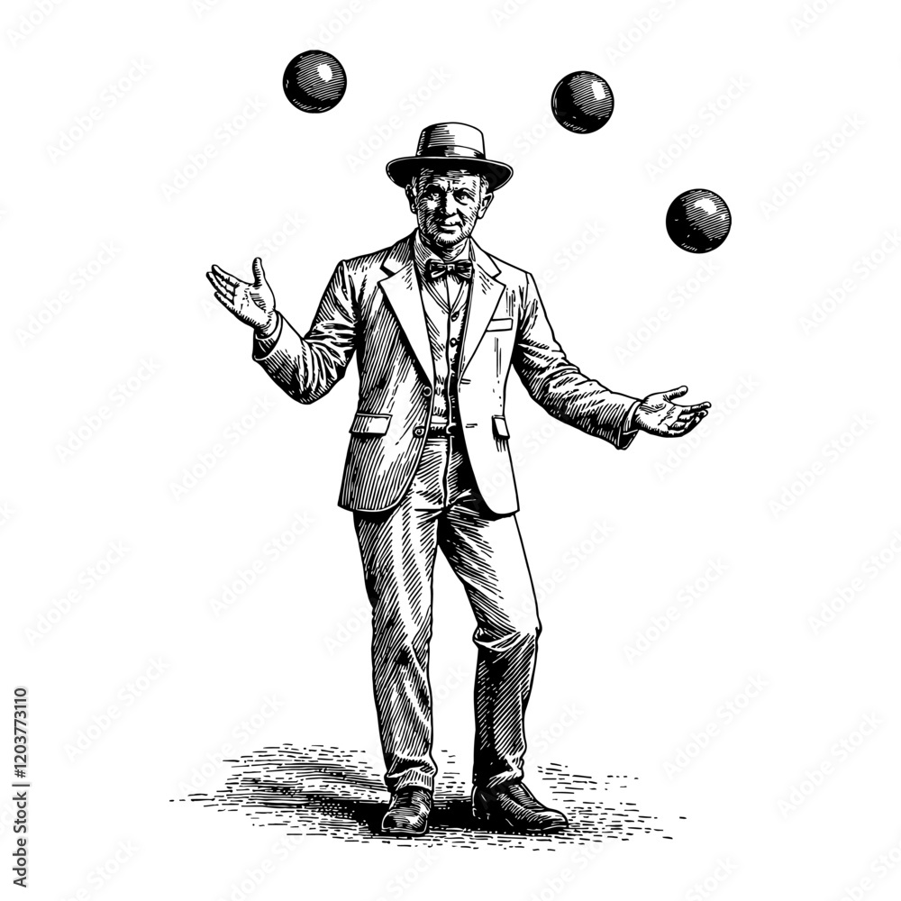 Man Juggling Balls with Suit in Vintage Black and White Outline Line ...