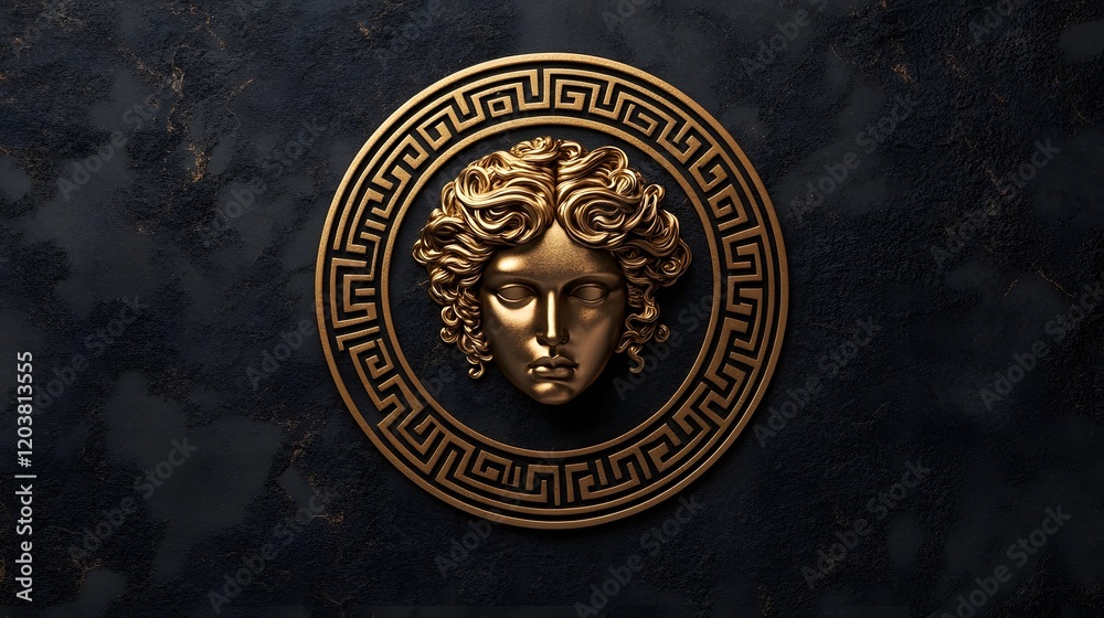Medusa Head Emblem in Gold Surrounded by Circular Greek Key Pattern on ...