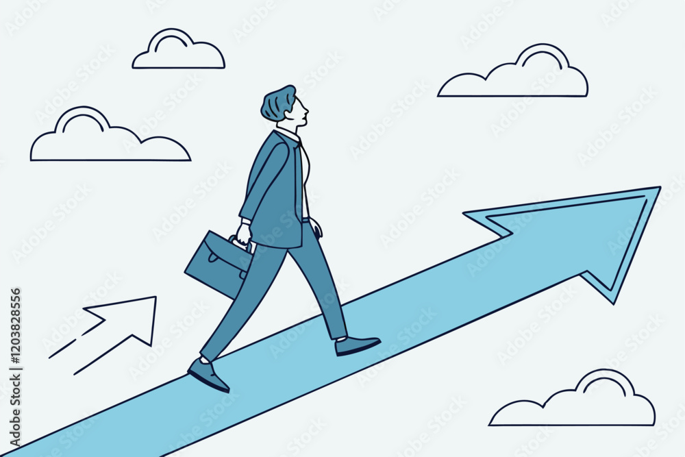 Business professional, walking forward, blue arrow pathway, sky ...