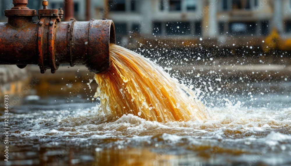 Industrial Wastewater Discharge From Metal Pipe Into Body of Water With ...