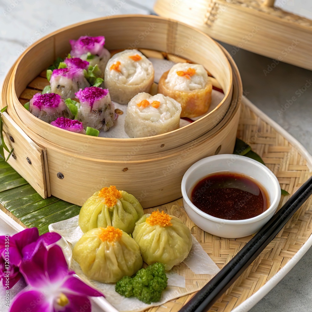 Hong Kong Dim Sum: A bamboo basket filled with various dim sum like siu ...