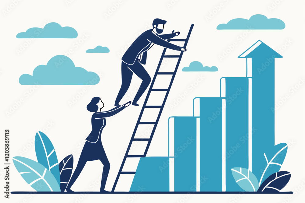 Business growth, helping hand, climbing success ladder, teamwork ...