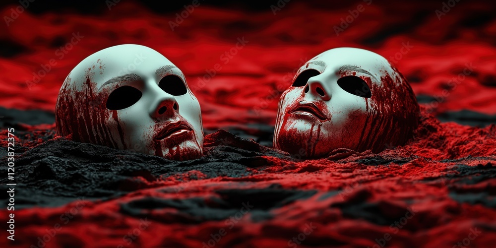 Two white theatrical masks, partially submerged in dark and textured ...