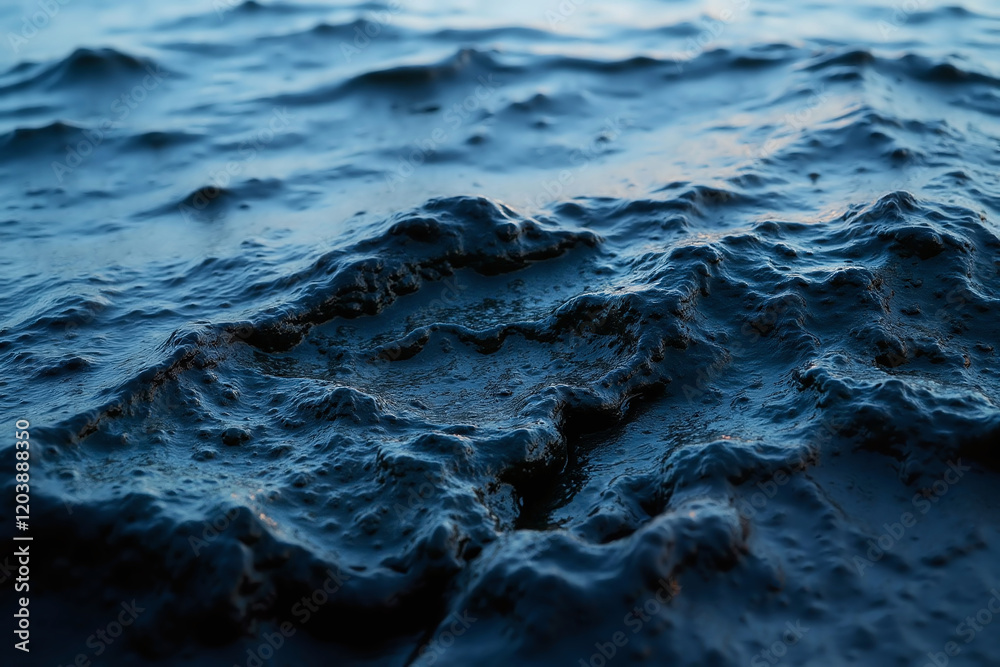 Thick layers of black crude oil floating on ocean water surface, spill ...
