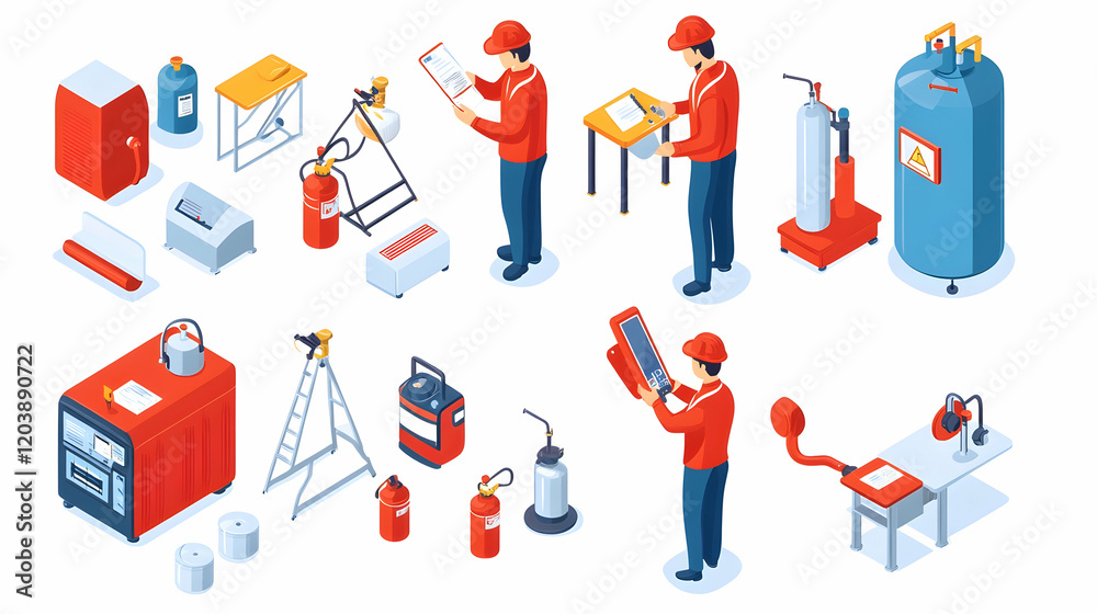 Fire safety equipment inspection technicians checking fire ...