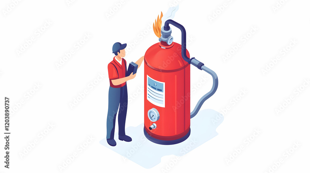 Fire safety technician inspecting large fire extinguisher, flames ...