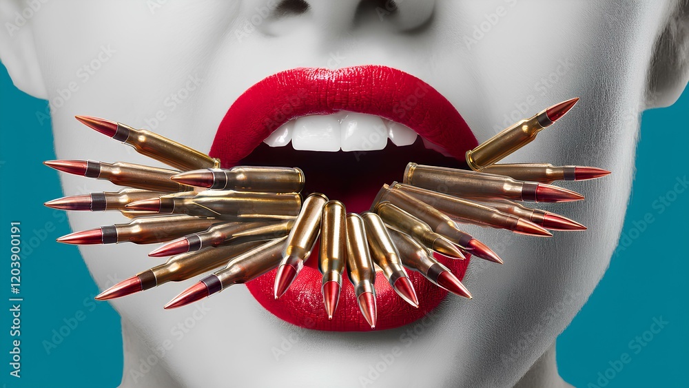 Conceptual collage: open mouth with bullets flying out. This striking ...