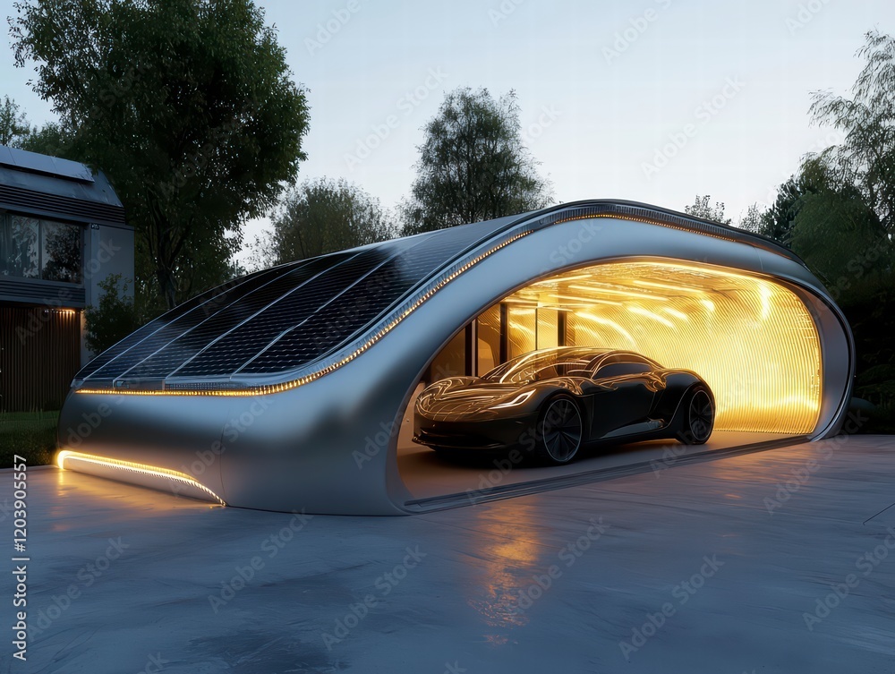 Futuristic Car Garage: A sleek, modern car garage with solar panels and ...