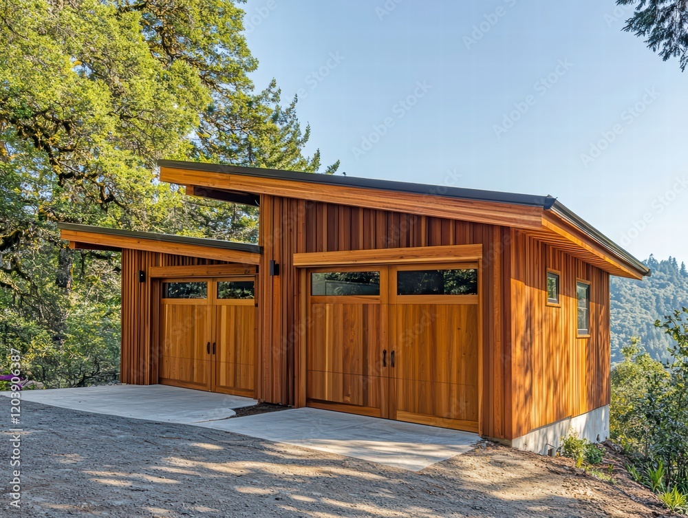 Modern Cedar Wood Garage: A contemporary two-car garage nestled in a ...