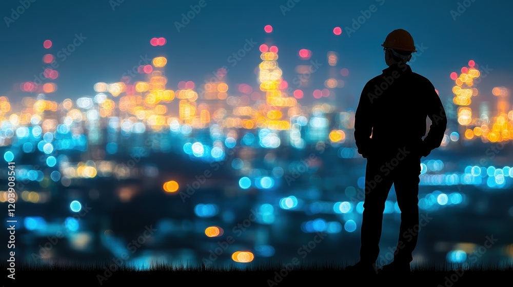 Night Cityscape: A lone engineer contemplates the futuristic metropolis ...