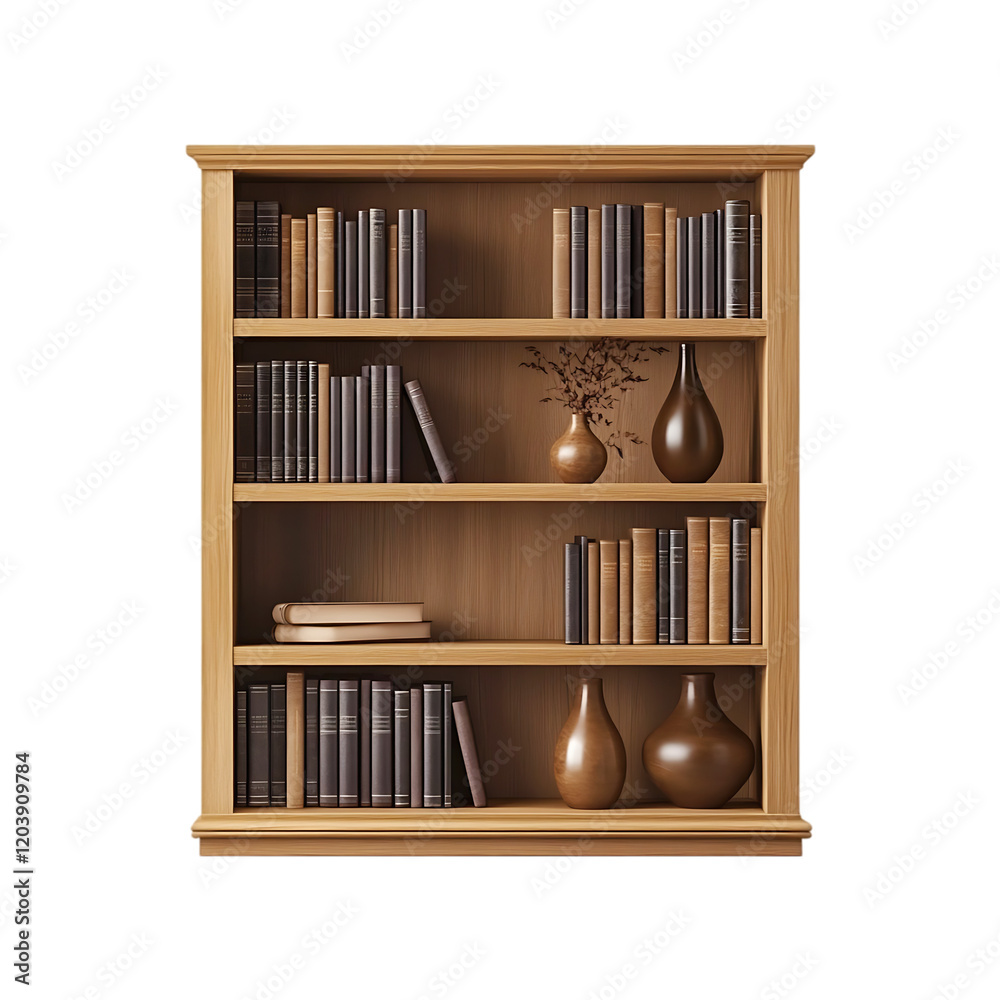 3D realistic wooden bookcase with books and vases on a transparent ...