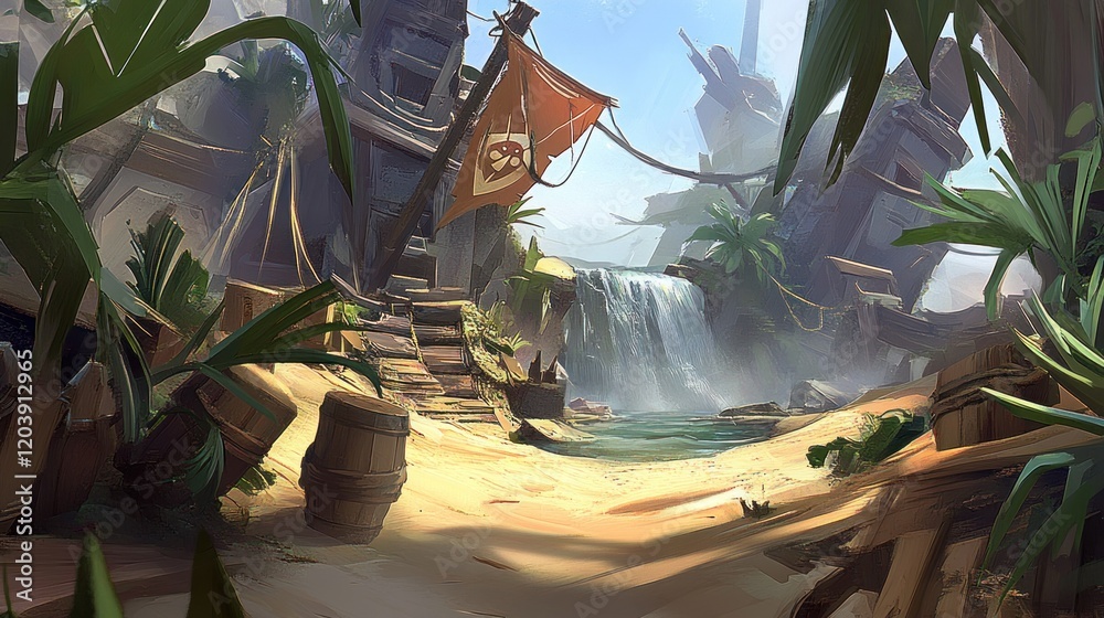 Sun-drenched, tropical island pirate cove. Ruined ships, wooden stairs ...