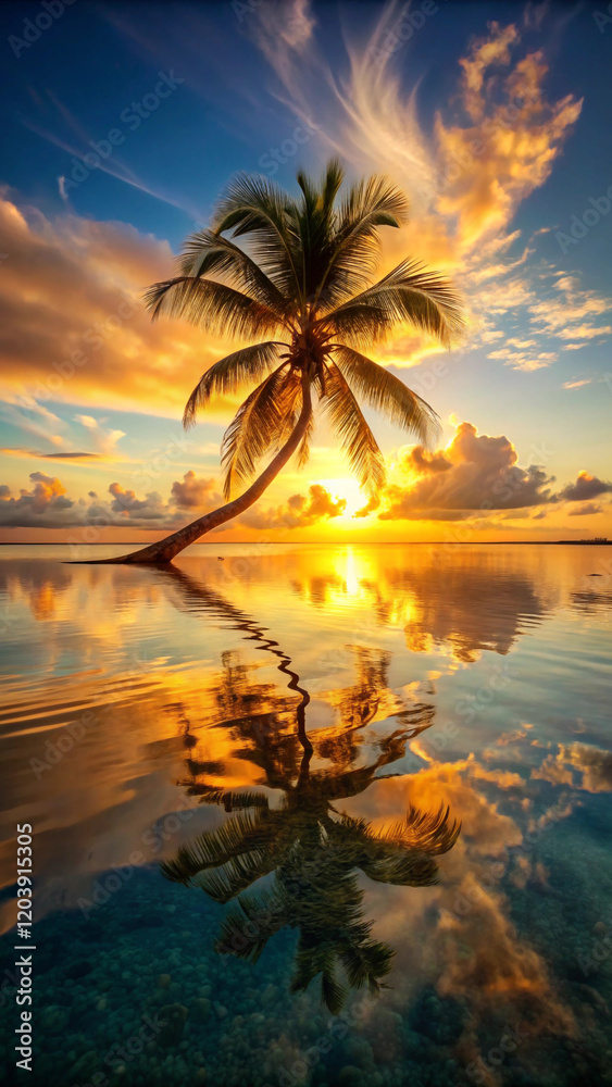 A single palm tree leaning over crystal-clear water, its shadow ...