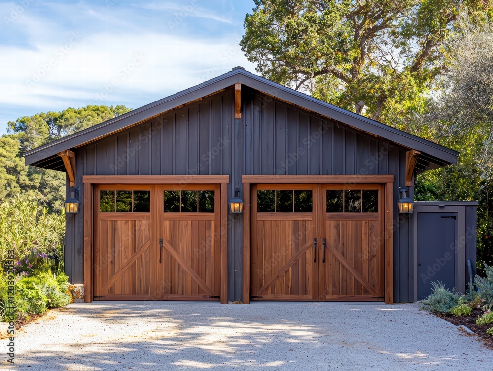 Detached Garage with Wooden Doors: A charming two-car detached garage ...