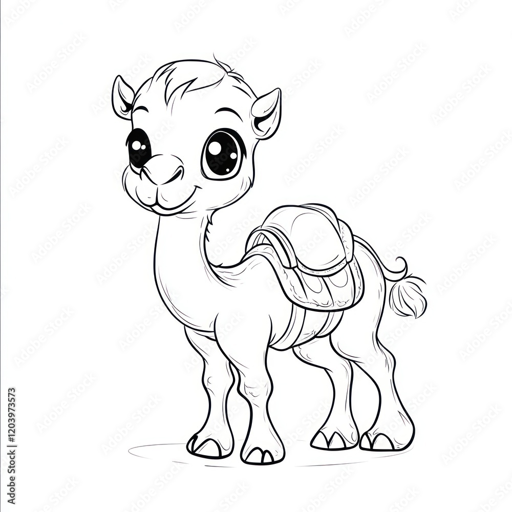 Cute cartoon camel, standing, simple line drawing, coloring page ...