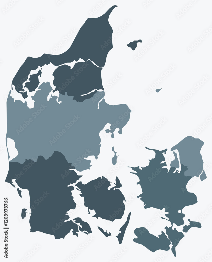 Map of Denmark with regions. Just a simple country border map with region division. Blue grey ...