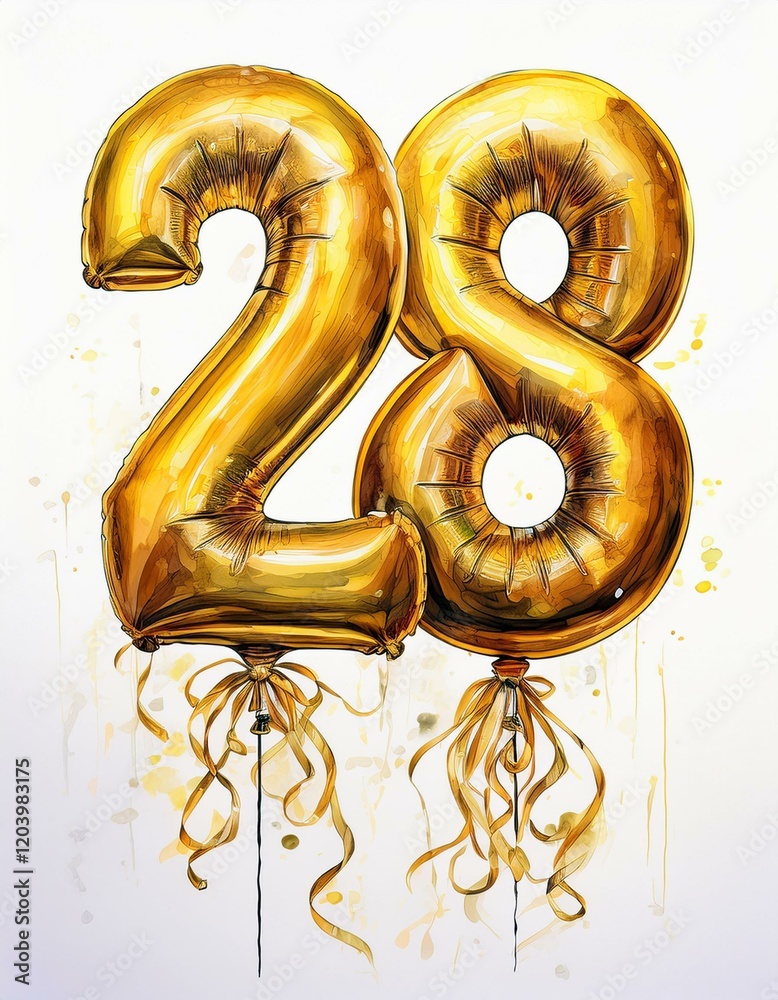 Gold birthday / anniversary party balloon, number 28, watercolor ...