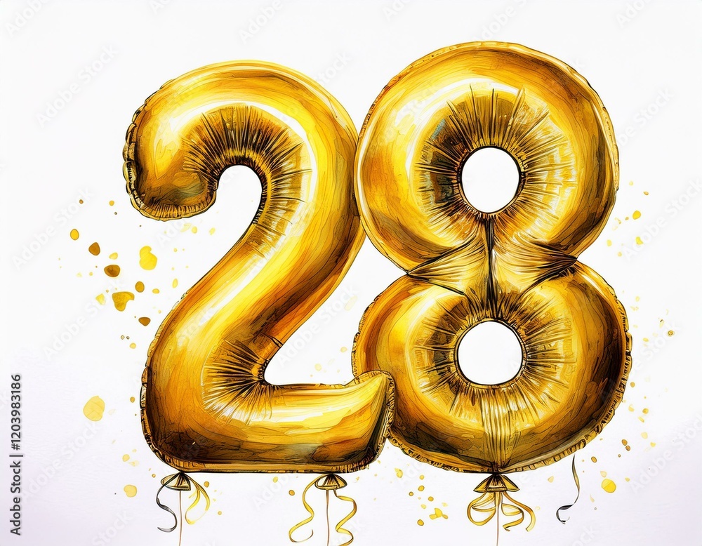 Gold birthday / anniversary party balloon, number 28, watercolor ...