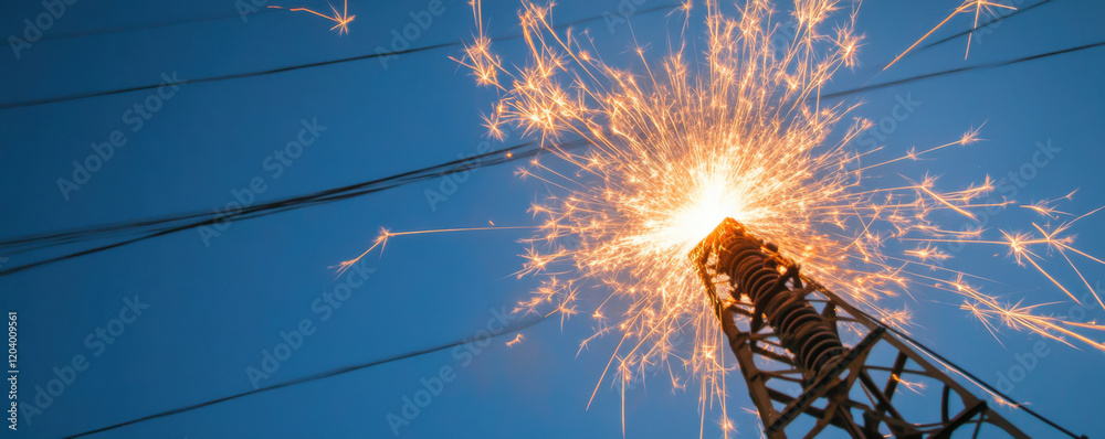 High voltage power transformer emitting sparks against blue sky ...