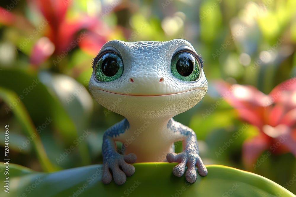 3d animated gecko character with sparkling emerald eyes and pastel ...