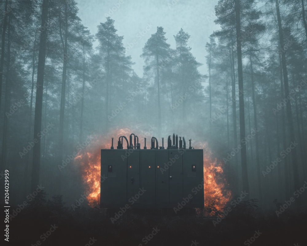 power transformer surrounded by fiery explosion in misty forest ...