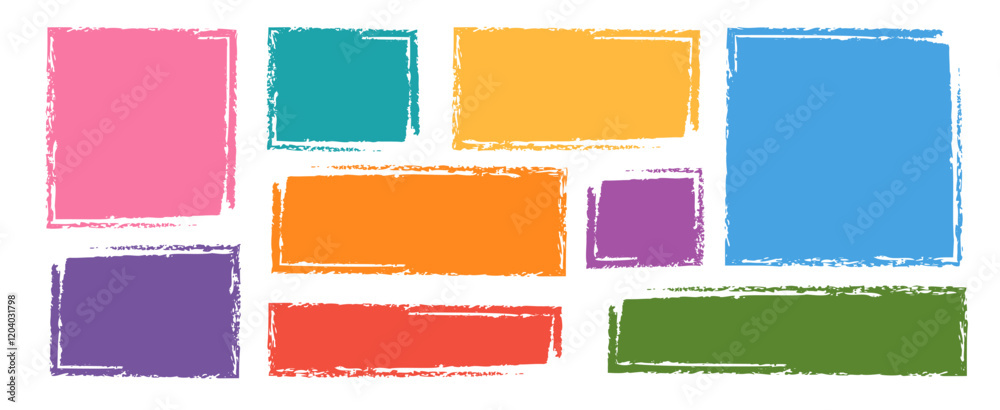 Colorful crayon figure set with various doodle rectangular shapes ...