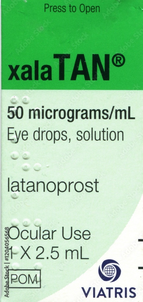 A packet of Xalatan (Latanoprost) medication used for treatment of high ...