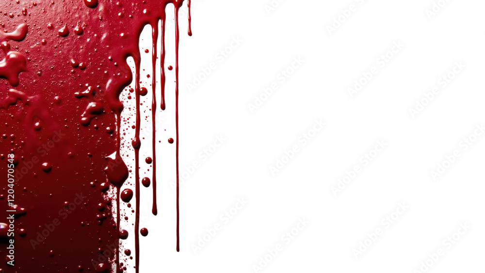 Dramatic blood splattered and dripping over white background with copy ...