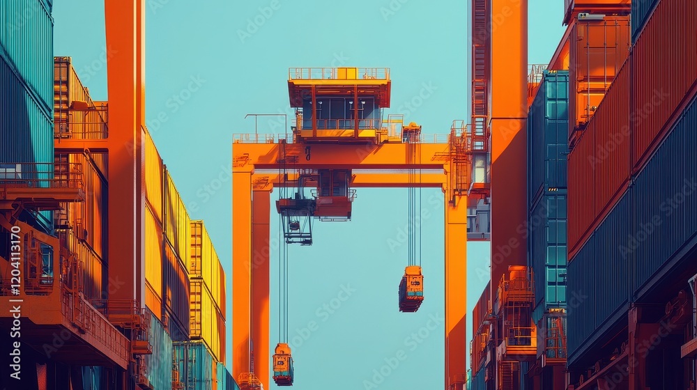 Container being lifted at shipping port front view Cargo handling ...
