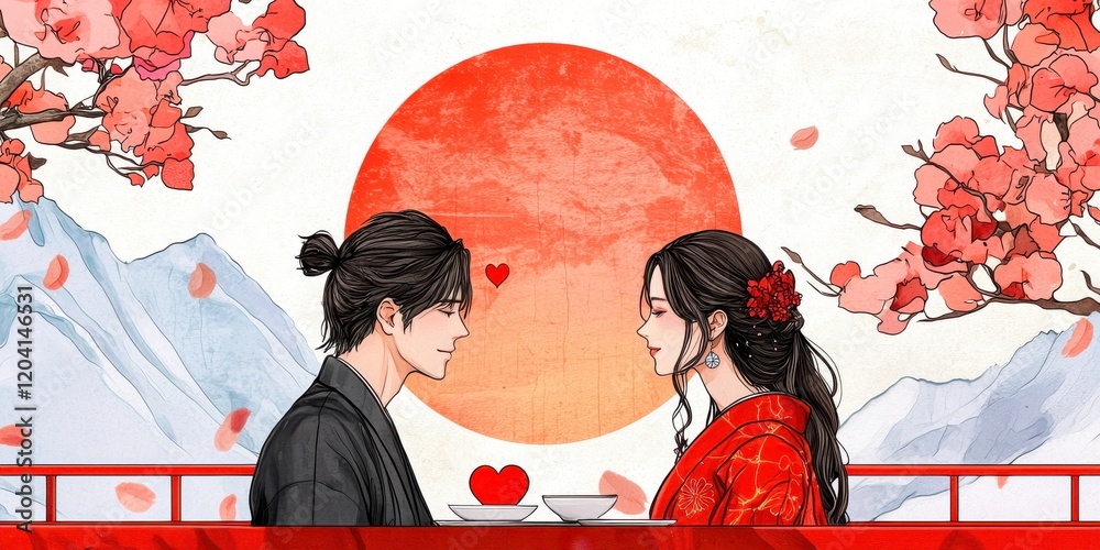 Romantic Couple Sharing Tea Under Cherry Blossom Background Stock ...
