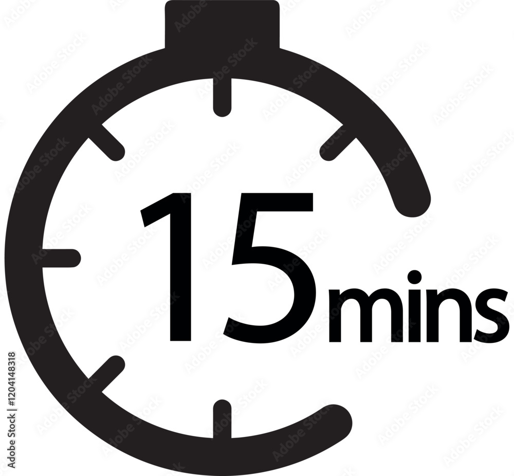 15 Minutes timers clock. Time measure. Chronometer vector icon black ...