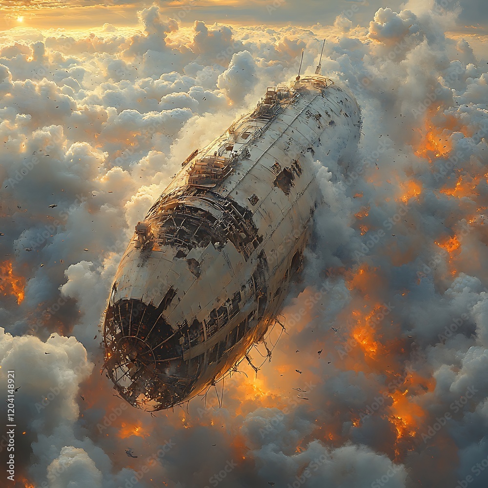 Smoke and fire erupt from destroyed airship wreckage photos Stock ...