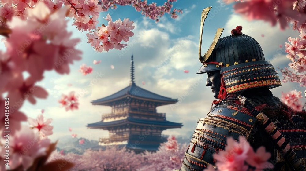 Samurai warrior stands under cherry blossoms at a historic temple ...