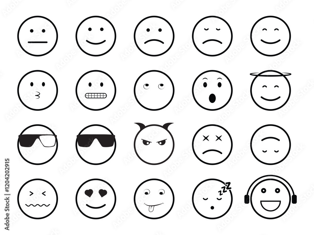 Different reaction emojis black outline. Emoji set. Pack of different ...