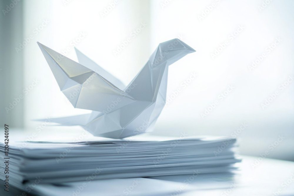 Origami dove made from white paper placed on a stack of documents ...