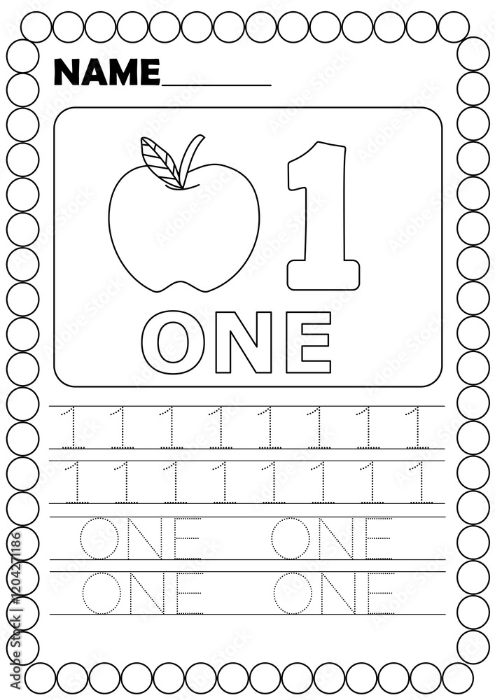 Vektor 1, Number One.An apple.Number tracing worksheet for kindergarten ...