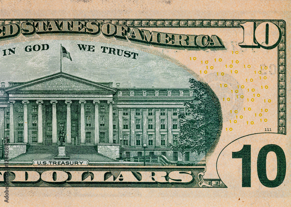 Fragment of a 10 dollar banknote for design purposes. Money of the ...