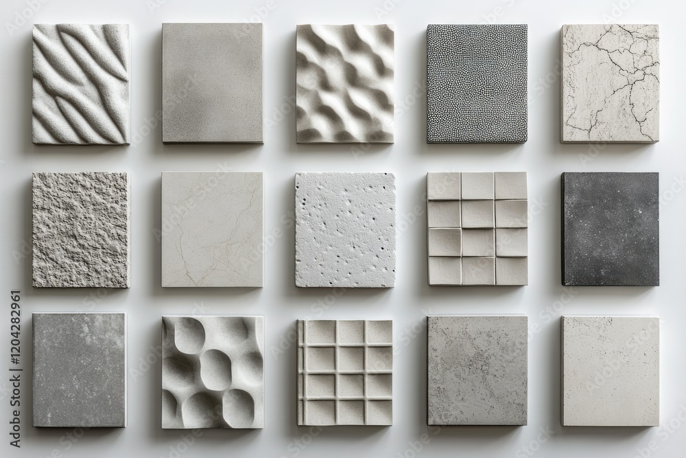 Collection of twelve square textured concrete tiles in various neutral ...